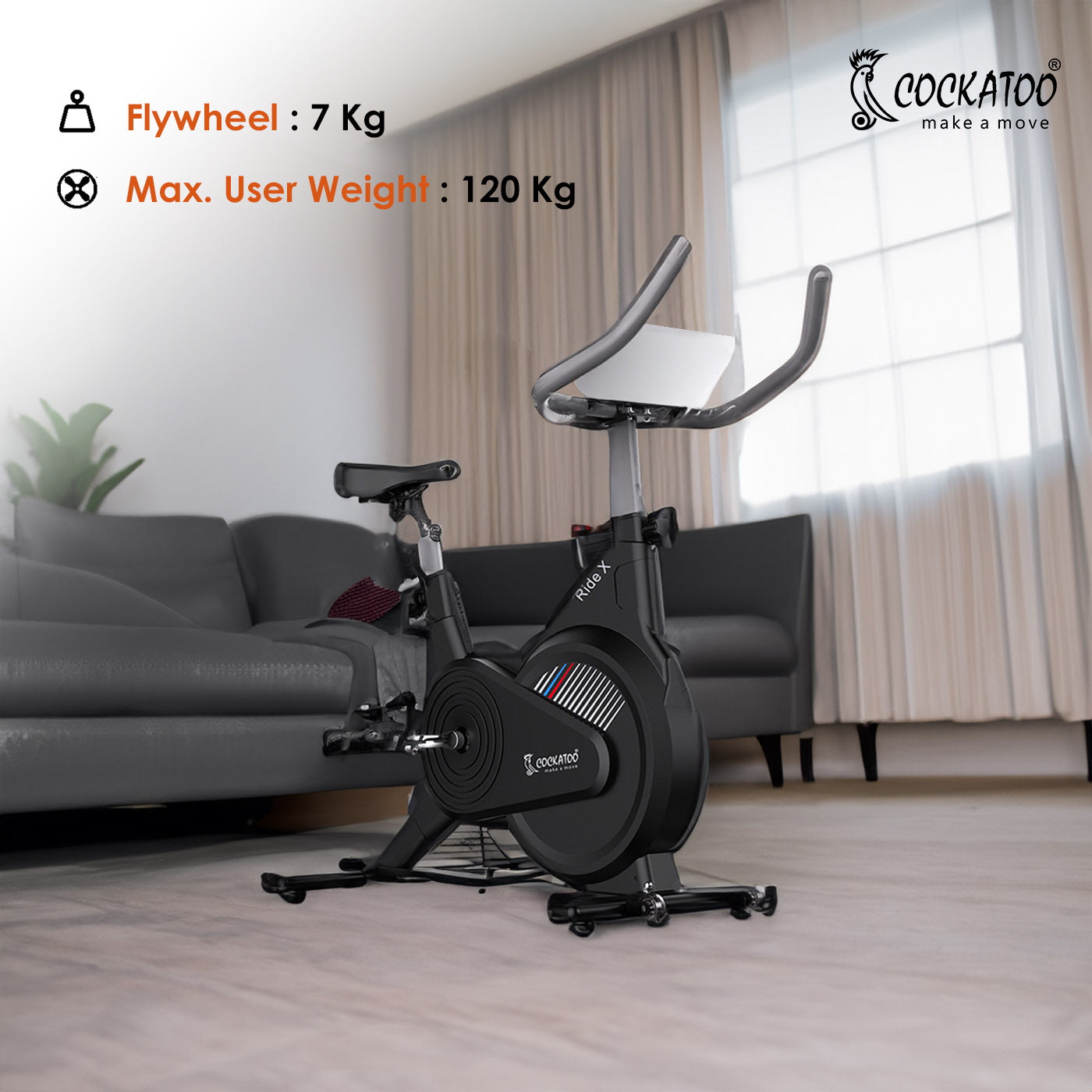 Cockatoo Ride-X 7Kg Fly Wheel Spin Bike, Exercise Cycle For Home With